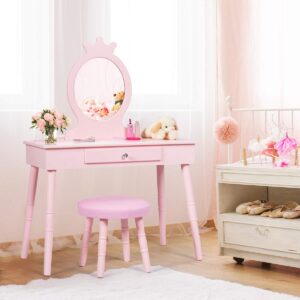 casart wooden kids vanity set, makeup table and stool set with mirror, pull-out drawer and cushioned stool, perfect dressing table set for children,child pretend beauty play vanity set, pink