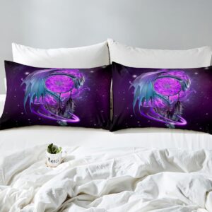 Erosebridal Galaxy Bedding Set Queen Size Dream Catcher Comforter Cover Boho Theme Duvet Cover Set Dragon and Feather Printed 3 Piece Bedding Decorative with 2 Pillow Cases for Kids Adults,Purple