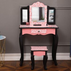 Goujxcy Kids Vanity Set, Wood Makeup Vanity Table and Stool Set Makeup Dressing Table Set with Mirror & Drawer for Girls