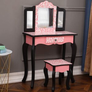 goujxcy kids vanity set, wood makeup vanity table and stool set makeup dressing table set with mirror & drawer for girls