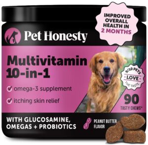 pet honesty multivitamin dog supplement, glucosamine chondroitin for dogs, probiotics, omega fish oil, dog supplements & vitamins, dog vitamins for skin and coat allergies, (peanut butter 90 ct)