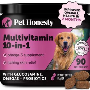 Pet Honesty Multivitamin Dog Supplement, Glucosamine chondroitin for Dogs, Probiotics, Omega Fish Oil, Dog Supplements & Vitamins, Dog Vitamins for Skin and Coat Allergies, (Peanut Butter 90 ct)