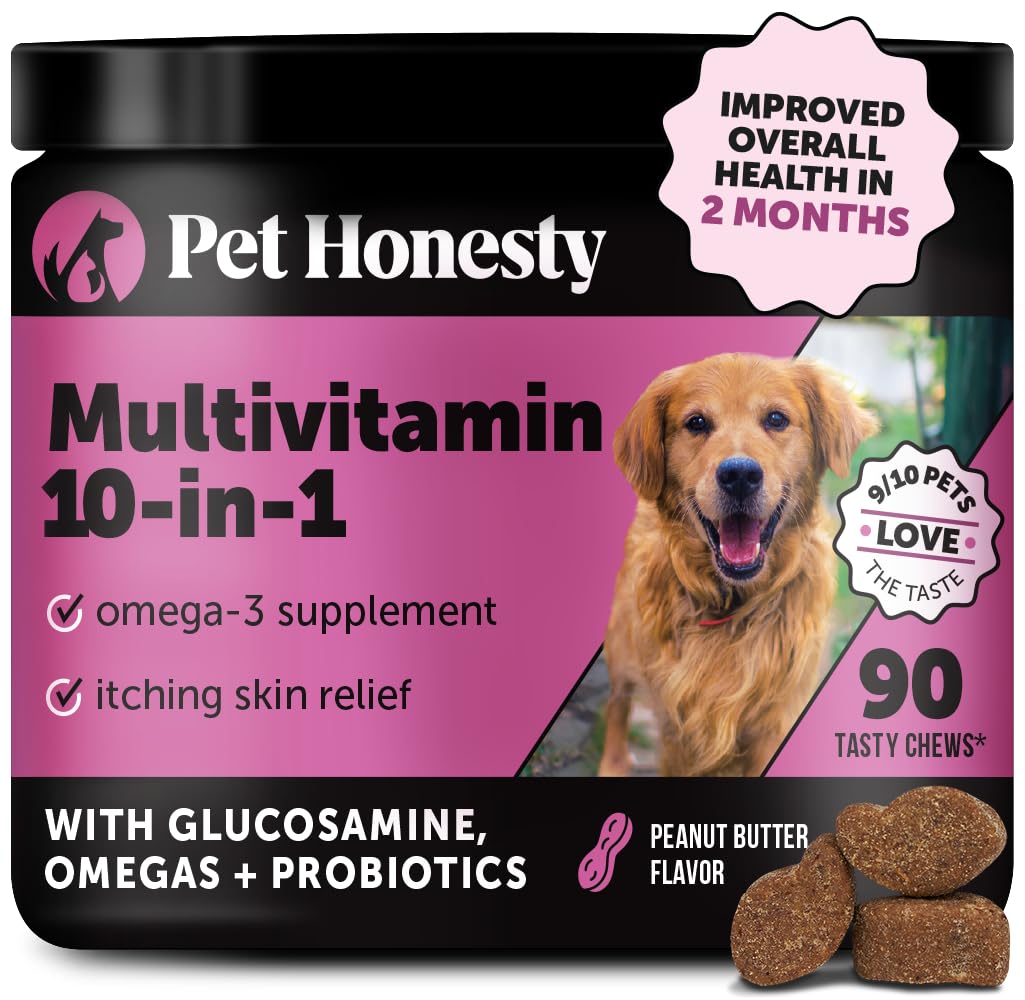 Pet Honesty Multivitamin Dog Supplement, Glucosamine chondroitin for Dogs, Probiotics, Omega Fish Oil, Dog Supplements & Vitamins, Dog Vitamins for Skin and Coat Allergies, (Peanut Butter 90 ct)