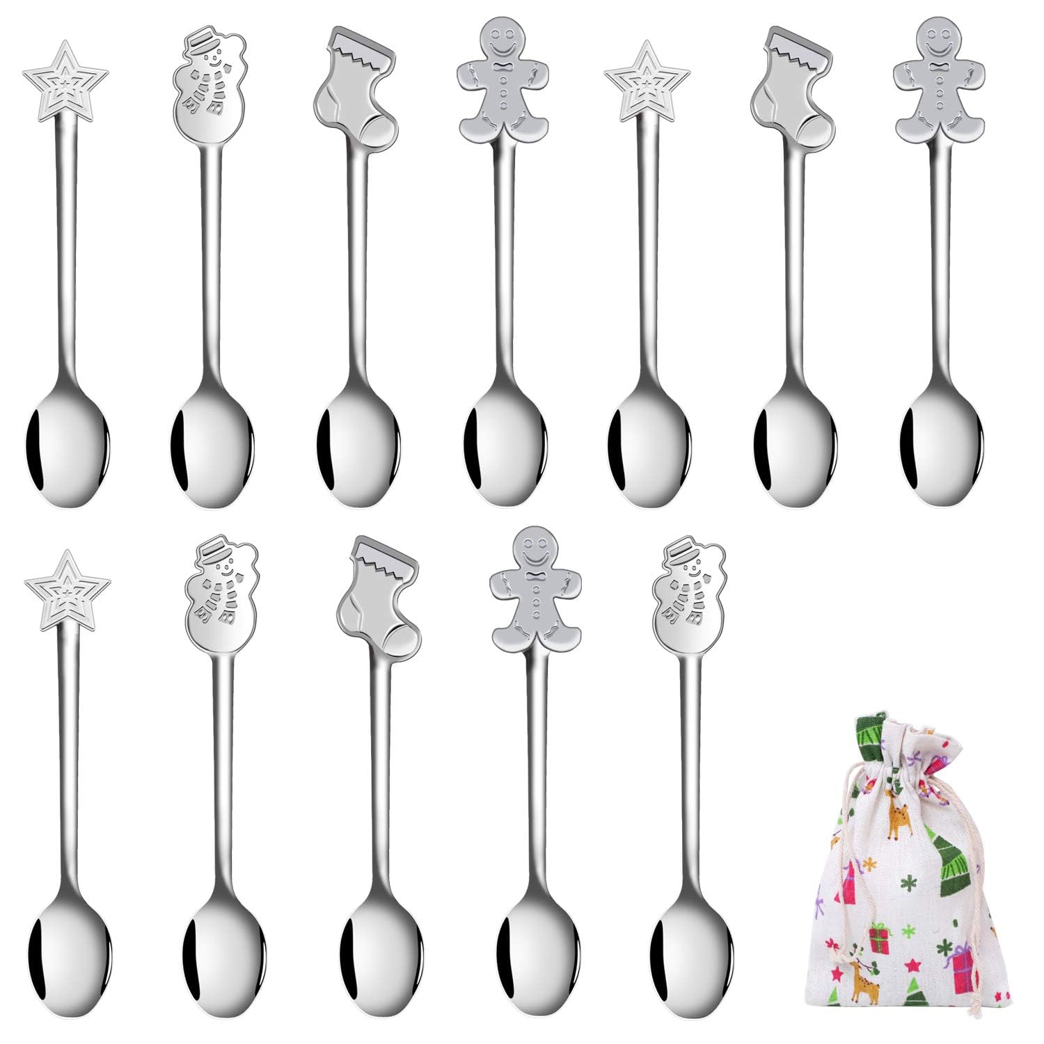 Aneco 12 Pack Christmas Mini Spoons Set Stainless Steel Spoon for Coffee Tea Soup Sugar Dessert Seasoning Ice Cream