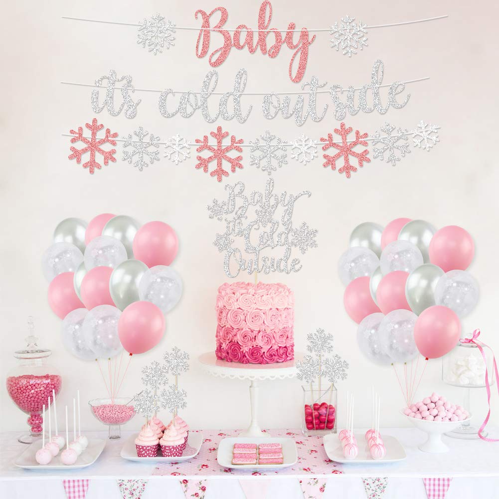 Baby It’s Cold Outside Party Decorations, Banner, Snowflake Balloons, Garland for Winter Wonderland Baby Shower, Christmas, Winter Birthday Party Supplies, Silver (Pink)