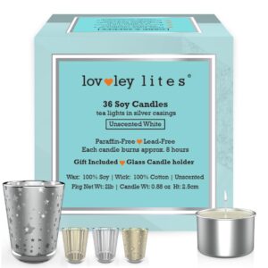 lovley lites soy tealight candles unscented - 36 premium long burning tea light candles white, 1 inch tall non scented candles set