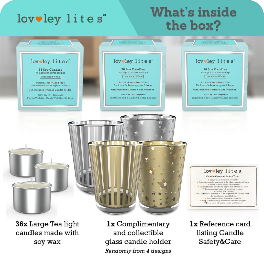 Lovley Lites Soy Tealight Candles Unscented - 36 Premium Long Burning Tea Light Candles White, 1 Inch Tall Non Scented Candles Set