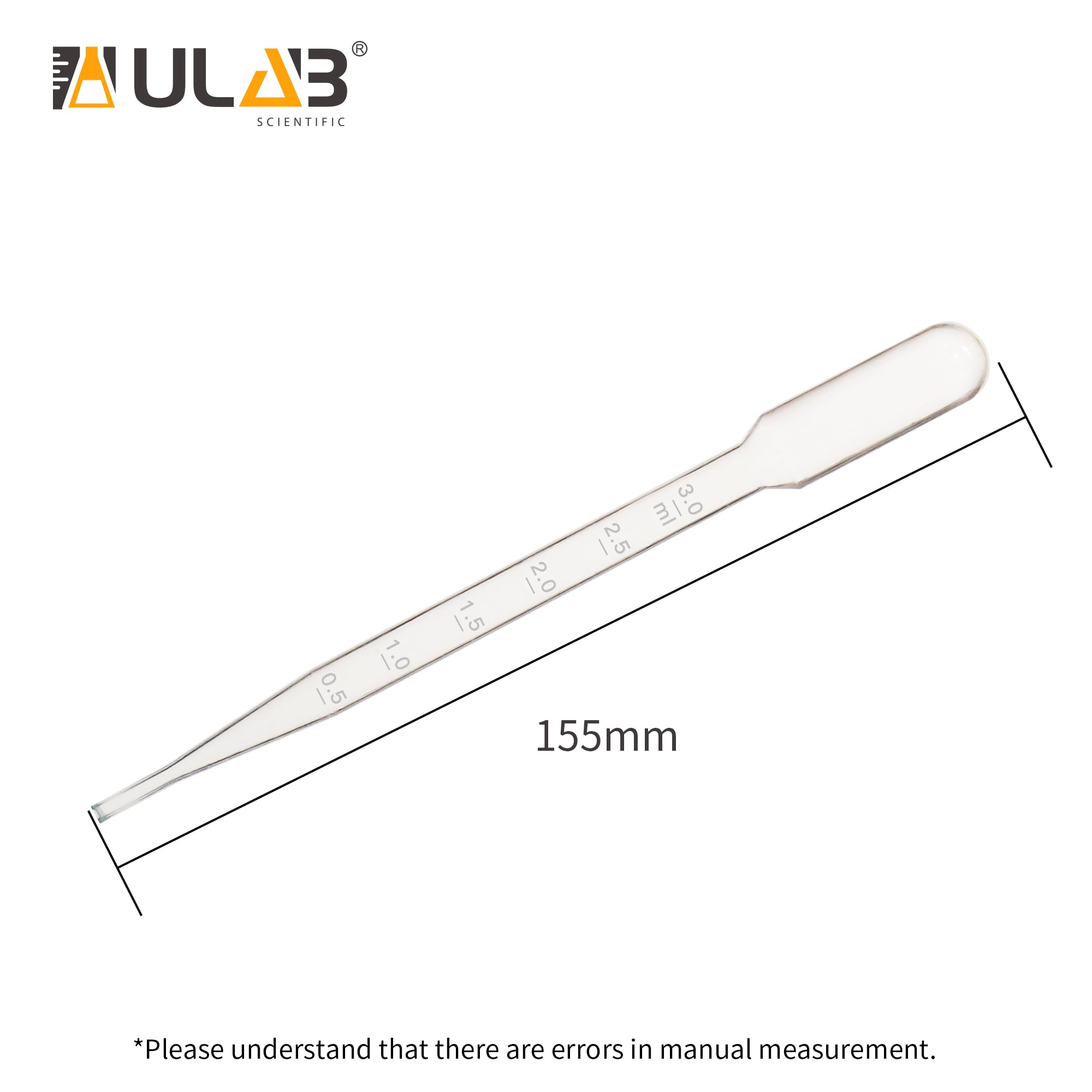 ULAB Sterile Transfer Pipettes, Essential Oils Pipettes Vol. 7ml, 3ml Graduated, 0.5ml Graduation Interval, 155mm Long, Low-Density Polyethylene Material, Individual Peel-Pack, Pack of 100, UTP1014