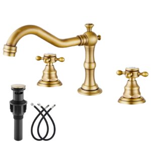 gotonovo 8 inch widespread bathroom sink faucet 2 cross handles 3 hole bathroom vanity faucet deck mount basin mixer tap with pop up drain with overflow antique brass