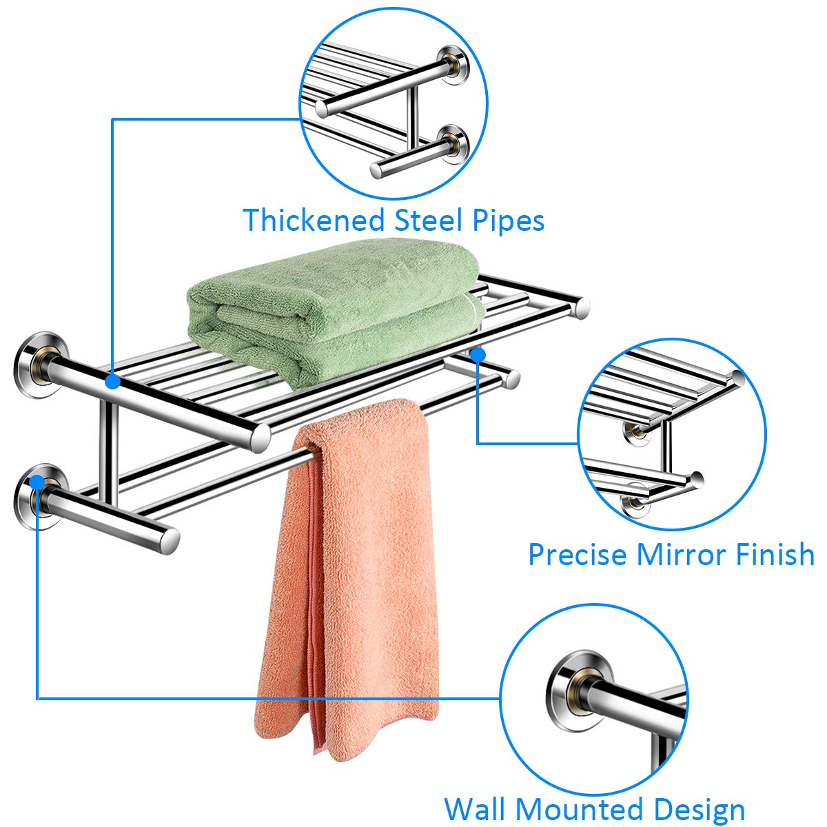 Casart 24'' Wall Mounted Towel Rack, Stainless Steel Towel Shelf, Modern Towel Holder for Kitchen, Bathroom and Hotel