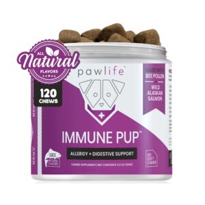 pawlife all natural immune system booster| anti allergy & anti itch for all pups| salmon oil with probiotics for digestive support|120 veterinarian formulated soft chews| up to 4-month supply