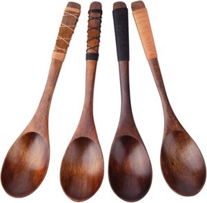 4pc-handmade japanese style wooden soup spoons with tied line on handle