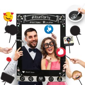 insta-themed social media party photo booth selfie frame with emoji & speech bubble props. great as vintage background photography for birthday, anniversary, wedding event decoration