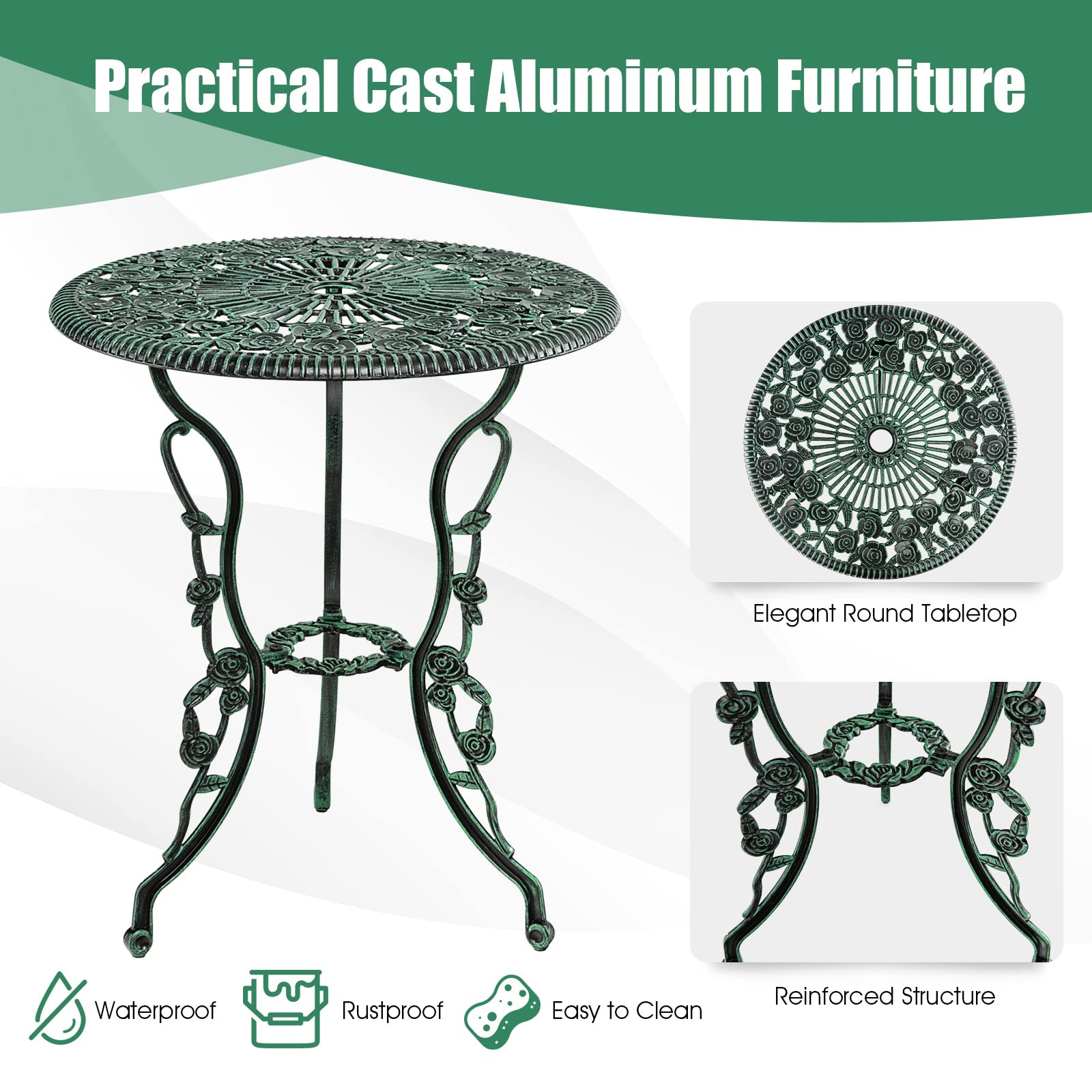 HAPPYGRILL 3-Piece Outdoor Bistro Set Rust-Resistant Cast Aluminum Table and Chairs with Elegant Rose Pattern, Outdoor Furniture Set with 1.9” Umbrella Hole for Balcony Backyard Garden Deck