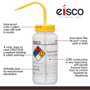 EISCO Wash Bottle for Isopropanol, 500ml - Labeled with Color Coded Chemical & Safety Information (4 Colors) - Wide Mouth, Self Venting, Low Density Polyethylene Labs