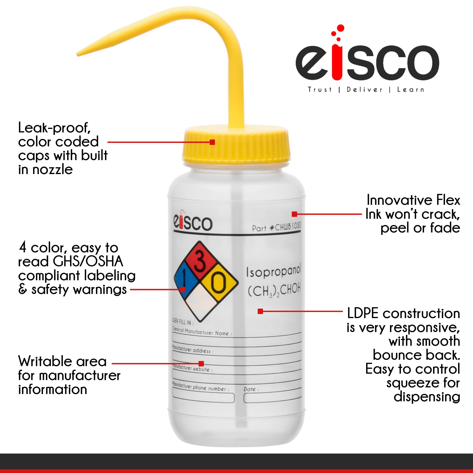 EISCO Wash Bottle for Isopropanol, 500ml - Labeled with Color Coded Chemical & Safety Information (4 Colors) - Wide Mouth, Self Venting, Low Density Polyethylene Labs