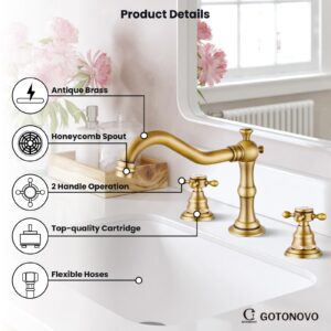 gotonovo 8 Inch Widespread Bathroom Sink Faucet 2 Cross Handles 3 Hole Bathroom Vanity Faucet Deck Mount Basin Mixer Tap with Pop Up Drain with Overflow Antique Brass