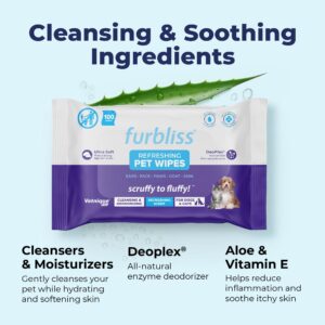 Vetnique Labs Furbliss Hygienic Pet Wipes for Dogs & Cats, Cleansing Grooming & Deodorizing Hypoallergenic Thick Wipes with All Natural Deoplex Deodorizer (Refreshing Scent, 100ct Pouch)