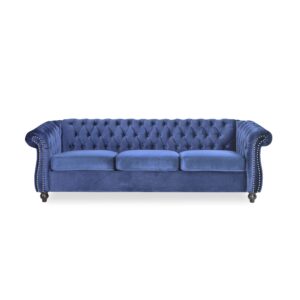 page tufted chesterfield velvet 3 seater sofa, midnight blue and dark brown