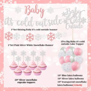 Baby It’s Cold Outside Party Decorations, Banner, Snowflake Balloons, Garland for Winter Wonderland Baby Shower, Christmas, Winter Birthday Party Supplies, Silver (Pink)