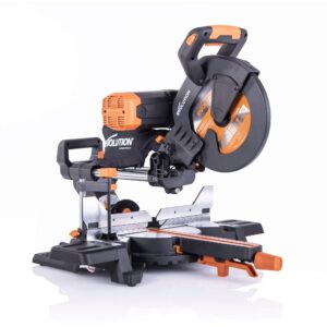 evolution power tools r255sms-db+ 10-inch dual bevel sliding miter saw multi-material, multipurpose cutting cuts metal, plastic, wood 45˚-45˚ double bevel & 50˚-50˚ miter tct blade included