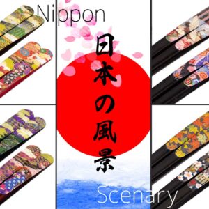 Kawai Japanese Wooden Chopsticks Reusable 2 Pairs in Gift Box, Nippon Scenery Red and Purple [ Made in Japan /Handcrafted ]