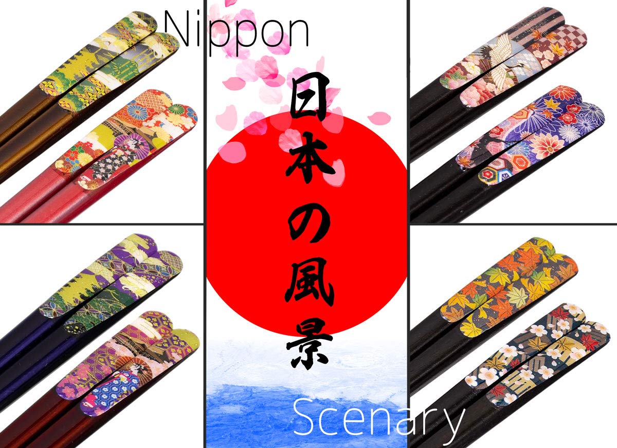 Kawai Japanese Wooden Chopsticks Reusable 2 Pairs in Gift Box, Nippon Scenery Red and Purple [ Made in Japan /Handcrafted ]