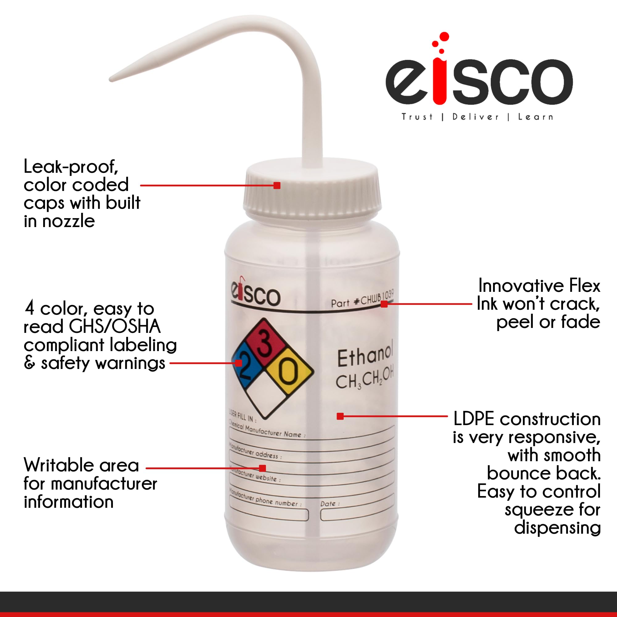 EISCO 2PK Wash Bottle for Ethanol, 500ml - Labeled with Color Coded Chemical & Safety Information (4 Colors) - Wide Mouth, Self Venting, Low Density Polyethylene Labs