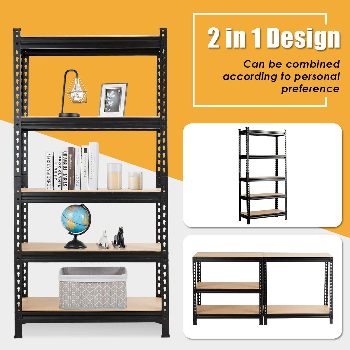 Tangkula 5-Tier Storage Shelves, Heavy Duty Steel Frame Muscle Rack 60in Garage Shelf with Adjustable Shelves, Boltless Shelving Unit for Free Combination, Metal Utility Shelves (2, Black)