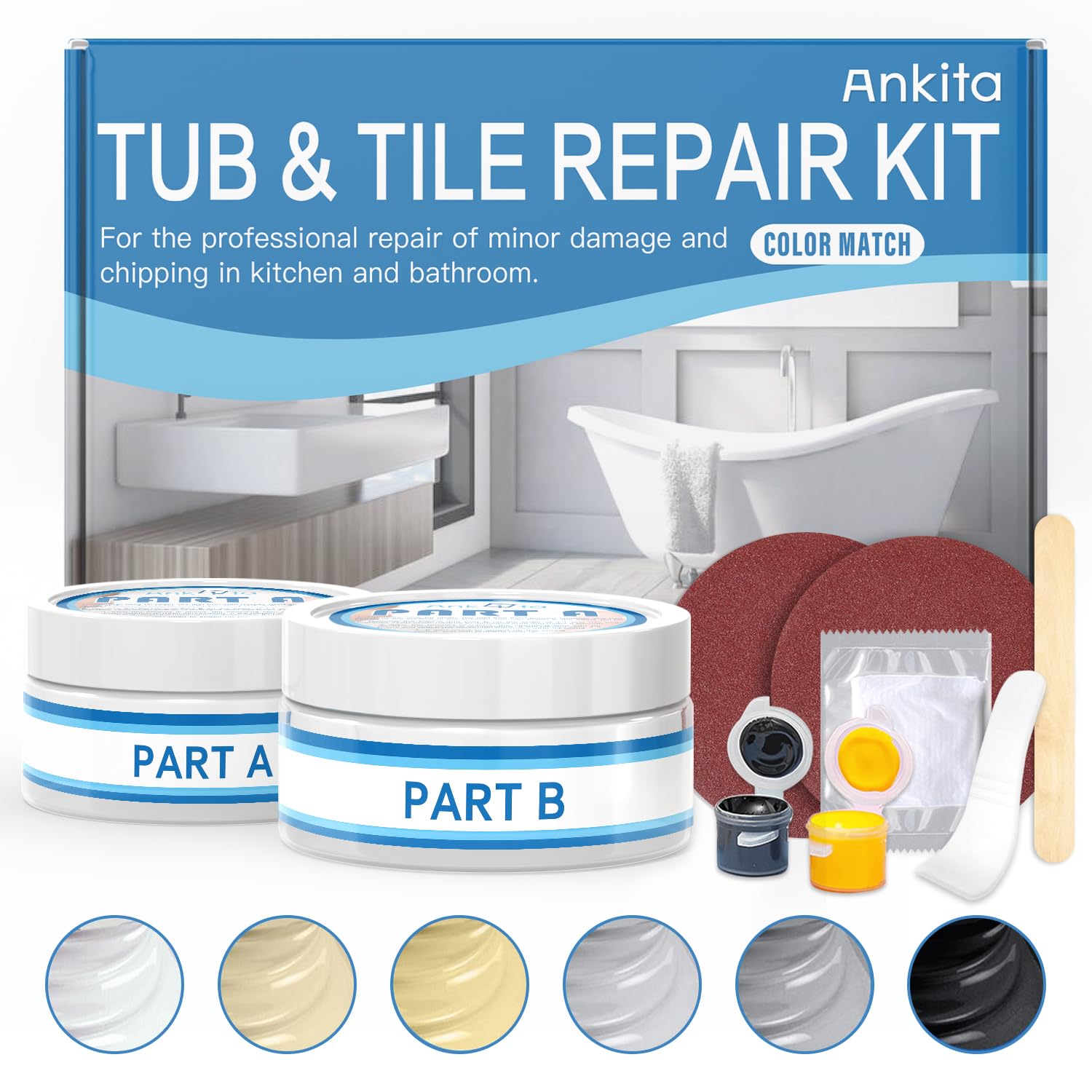 Fiberglass Tub Repair Kit (Color Match), 3.7oz Fiberglass Shower, Porcelain Sink and Acrylic Bathtub Repair Kit, Quick to Fix Cracks, Chips, Dents, Holes on Bath Tub & Toilet, Almond/Biscuit/Bone