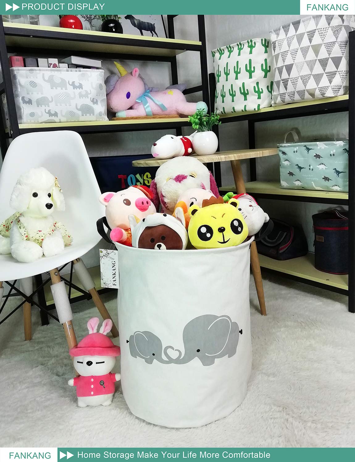 FANKANG Storage Basket, Nursery Hamper Canvas Laundry Basket Foldable with Waterproof PE Coating Large Storage Baskets for Kids Boys and Girls, Office, Bedroom, Clothes,Toys（Love Elephant）