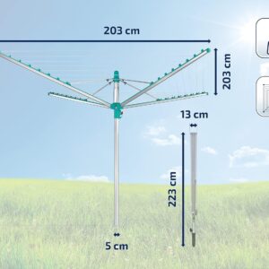 Leifheit Linomatic 500 Easy Dryer 50m Retract to Stay Clean, All Rust-Free Aluminium, 3.28m Turning Diameter, Longest Length 2.03m Pull-Open, Rotary Clothes line Airer, Turquoise, Large