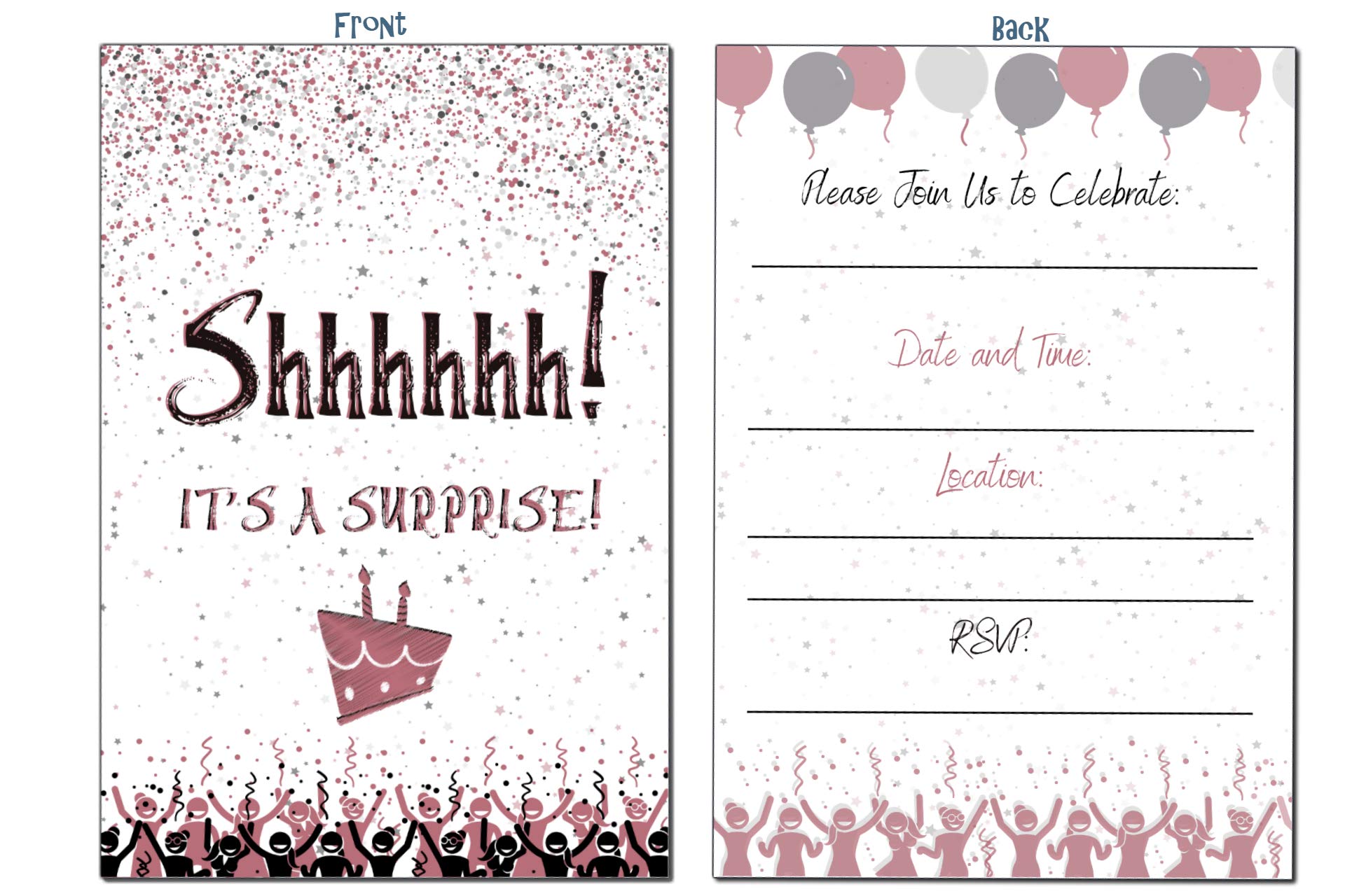 Elcer Surprise Party invitations | It’s a surprise Birthday | Kids and Adults | Fill In Style | Rose Gold & Black | Confetti Streamers Party Invitations | 20 Count With Envelopes | All occasions