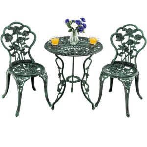 happygrill 3-piece outdoor bistro set rust-resistant cast aluminum table and chairs with elegant rose pattern, outdoor furniture set with 1.9” umbrella hole for balcony backyard garden deck