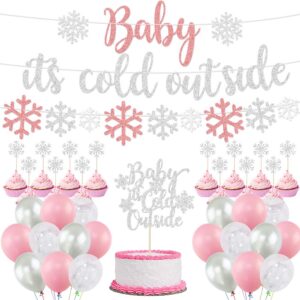 baby it’s cold outside party decorations, banner, snowflake balloons, garland for winter wonderland baby shower, christmas, winter birthday party supplies, silver (pink)