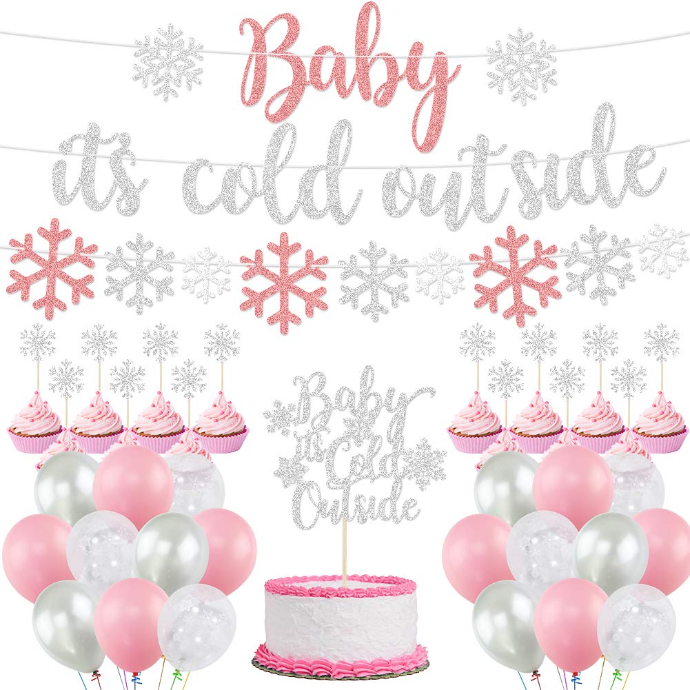 Baby It’s Cold Outside Party Decorations, Banner, Snowflake Balloons, Garland for Winter Wonderland Baby Shower, Christmas, Winter Birthday Party Supplies, Silver (Pink)