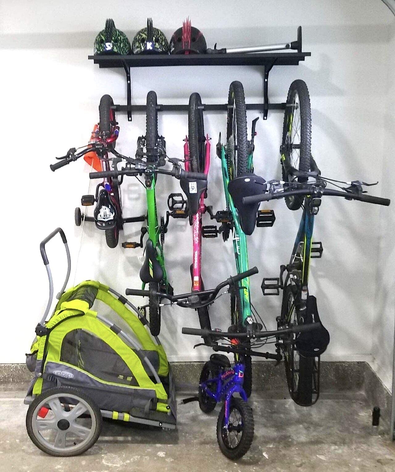 StoreYourBoard 5 Bike Essential Garage Rack, Wall Mount Bicycle Storage, Adjustable Hanger System (5 Bike Rack + Shelf)