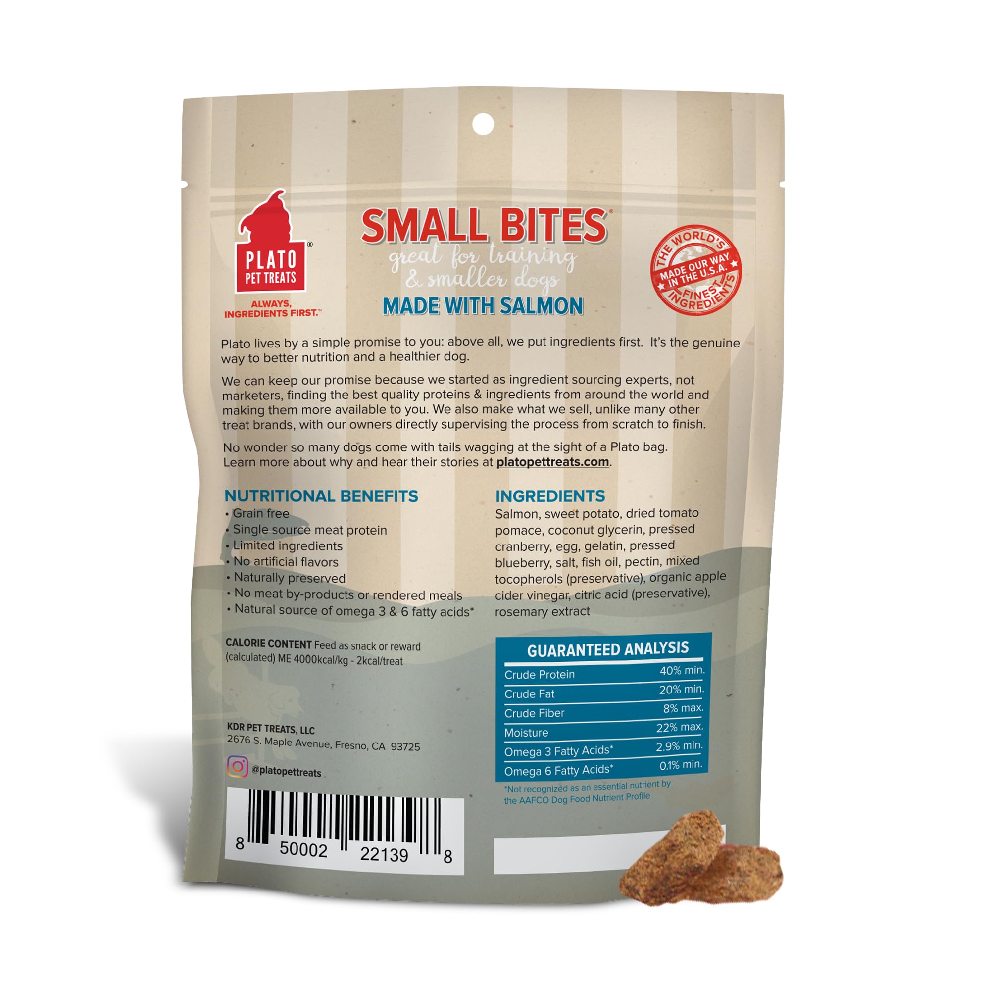 PLATO Small Bites Dog Treats, Natural Bite Sized Real Meat & Salmon Flavor, Grain Free & High in Protein, Air Dried Authentic Ingredients, 2 Calories Per Treat, Made in the USA, 6 Ounces