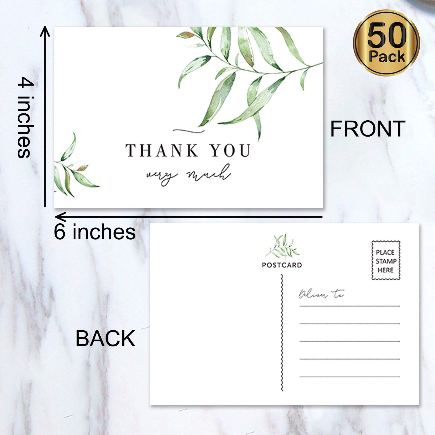 50 Greenery Thank You Postcards, Thank You Cards for Wedding, Bridal Shower,Baby Shower, Birthday, Business, Blank Postcards, 4x6 Inches.