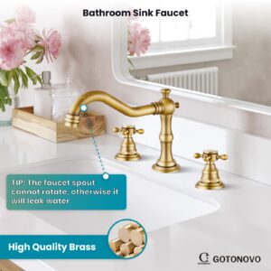 gotonovo 8 Inch Widespread Bathroom Sink Faucet 2 Cross Handles 3 Hole Bathroom Vanity Faucet Deck Mount Basin Mixer Tap with Pop Up Drain with Overflow Antique Brass