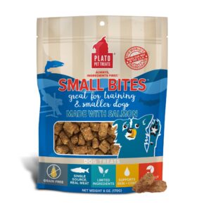 plato small bites dog treats, natural bite sized real meat & salmon flavor, grain free & high in protein, air dried authentic ingredients, 2 calories per treat, made in the usa, 6 ounces