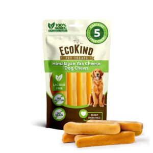 ecokind himalayan gold yak cheese dog chew for large dogs, healthy dog treats, odorless, long lasting dog bones for dogs, rawhide free, made in the himalayans, large (pack of 5)