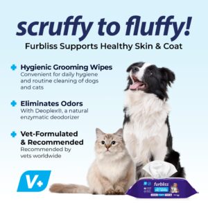 Vetnique Labs Furbliss Hygienic Pet Wipes for Dogs & Cats, Cleansing Grooming & Deodorizing Hypoallergenic Thick Wipes with All Natural Deoplex Deodorizer (Refreshing Scent, 100ct Pouch)