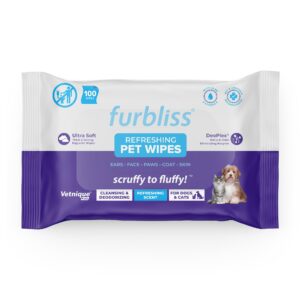 vetnique labs furbliss hygienic pet wipes for dogs & cats, cleansing grooming & deodorizing hypoallergenic thick wipes with all natural deoplex deodorizer (refreshing scent, 100ct pouch)