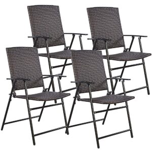 happygrill 4pcs folding patio chair set, outdoor pool lawn portable rattan wicker chair with armrest & footrest