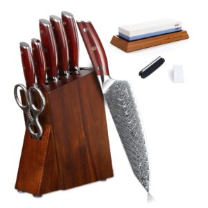 yarenh 8-piece kitchen knife set with block,damascus chef knife, 67-layer high carbon stainless steel,sharp rust-resistant blades,sandalwood handle