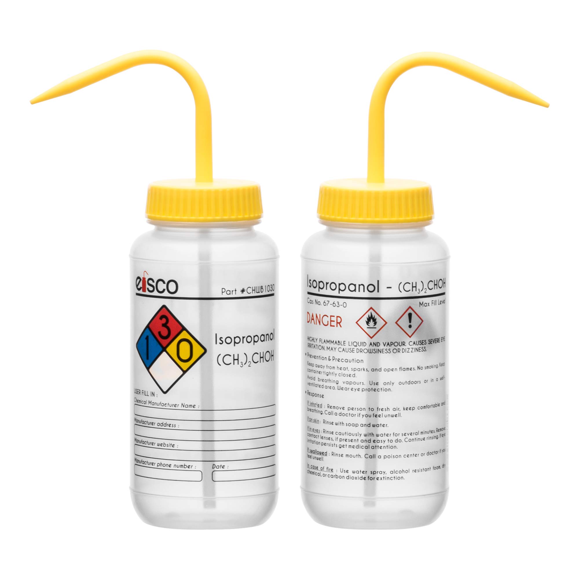 EISCO Wash Bottle for Isopropanol, 500ml - Labeled with Color Coded Chemical & Safety Information (4 Colors) - Wide Mouth, Self Venting, Low Density Polyethylene Labs