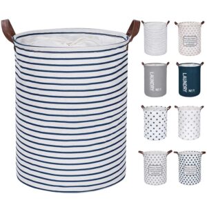 friendiy large laundry hamper, removable laundry basket, foldable fabric laundry basket, drawstring waterproof round cotton linen storage basket. (blue strips, 17.7"/medium)