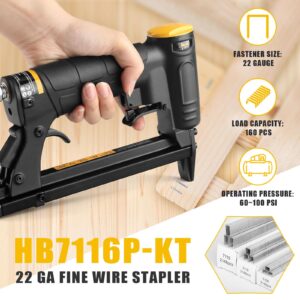 HBT HB7116P-KT 22 Gauge 3/8-Inch Crown Pneumatic Upholstery Stapler, Air Stapler Kit, with 6000 Staples, 1/4-Inch to 5/8-Inch