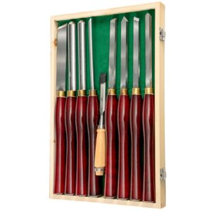 mophorn woodworking lathe chisel set 8 piece set lathe chisel hss steel blades wood turning tools wooden case for storage for wood carving root carving furniture carving lathes red